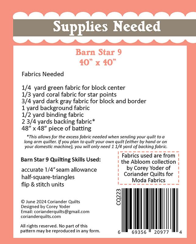 Barn Star 9 pattern by Corey Yoder for Coriander Quilts – QuiltFab